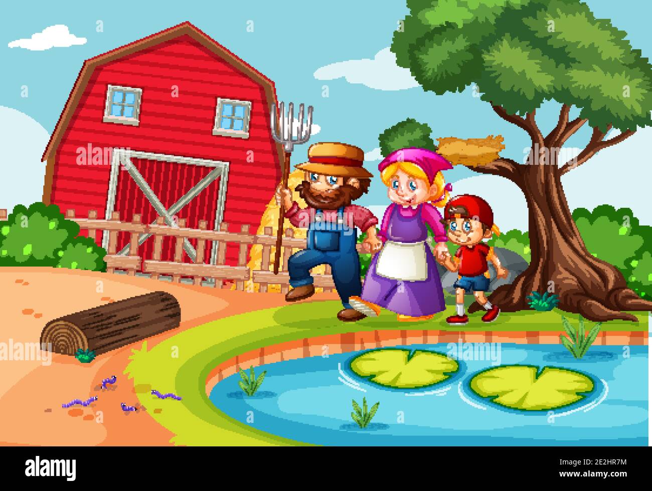 Happy family in farm scene in cartoon style illustration Stock Vector ...