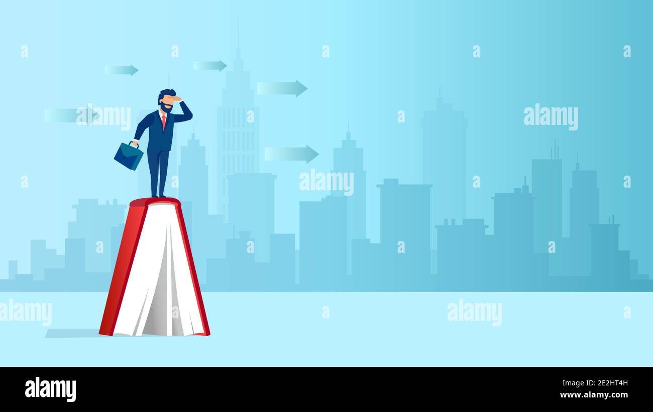 Vector of a businessman standing on a book looking into future Stock ...