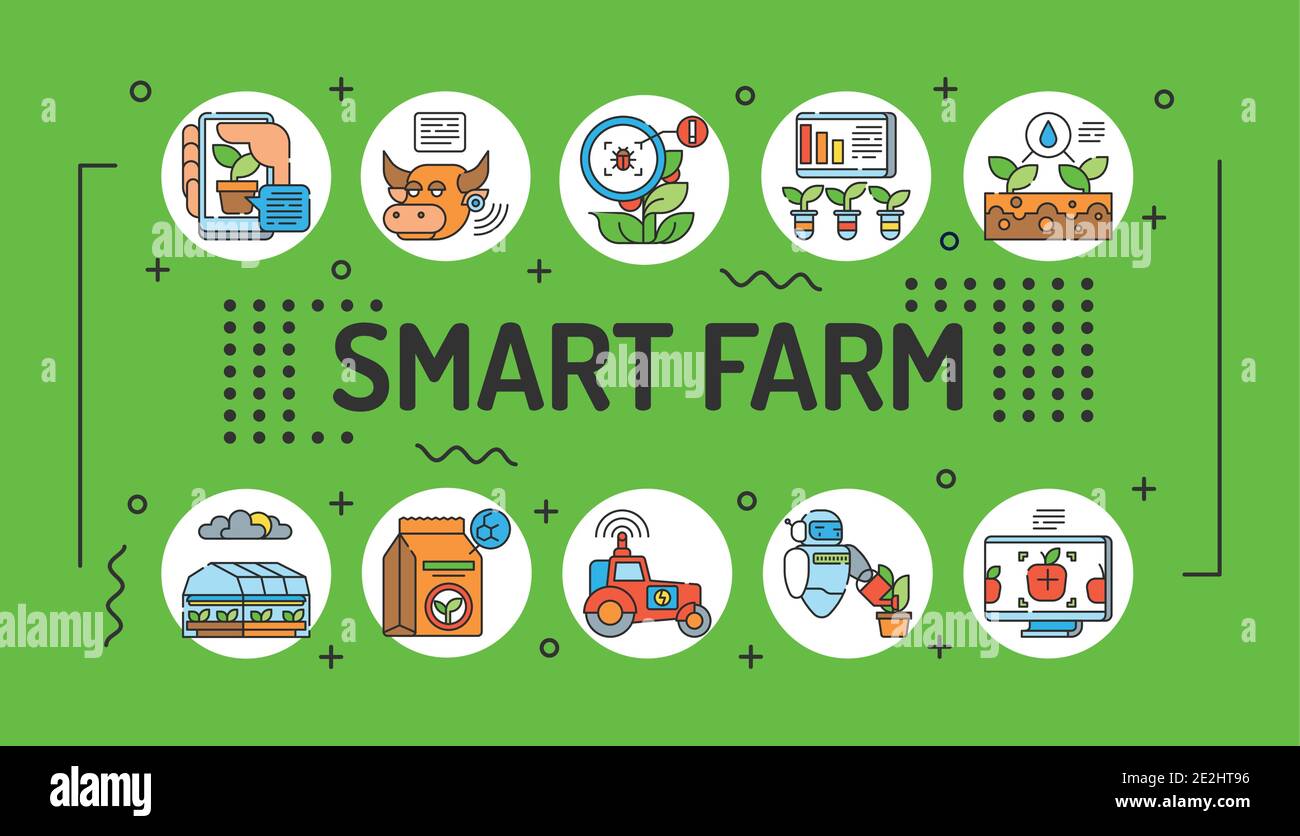 Smart farm word lettering typography. Infographics with linear icons on ...