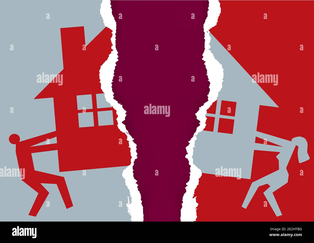 Division of property at divorce. A divorced couple ripping paper with ...