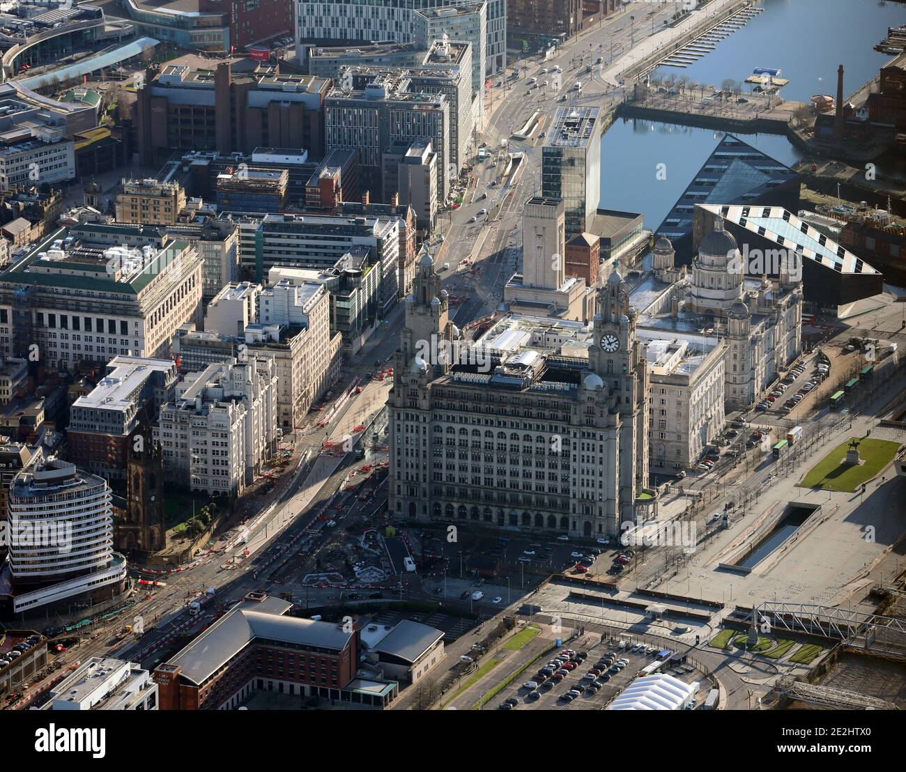 Aerial view of The Royal Liver Building, Liverpool. Plus the Port of ...