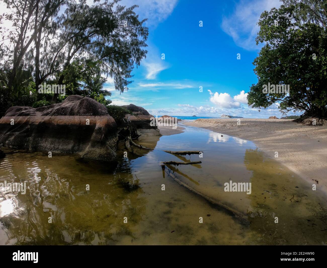 Landscape of Fresh water stream in the Seychelles Near the beach Stock ...