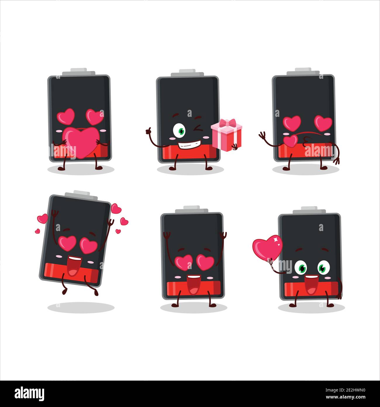 Low battery cartoon character with love cute emoticon. Vector ...