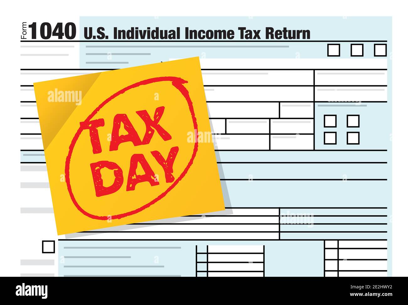 The word TAX DAY written on a yellow note on a United States Income Tax ...