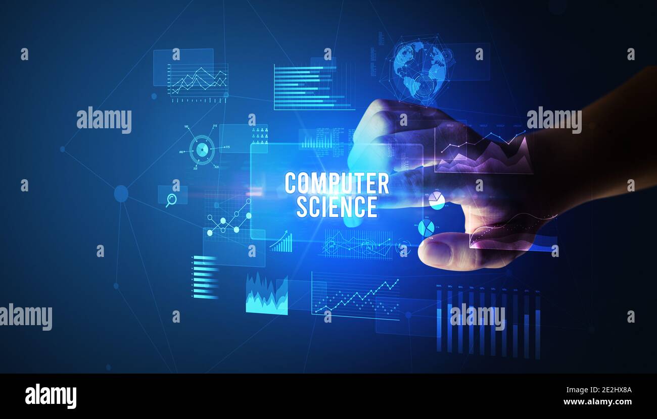 Hand touching COMPUTER SCIENCE inscription, new business technology ...