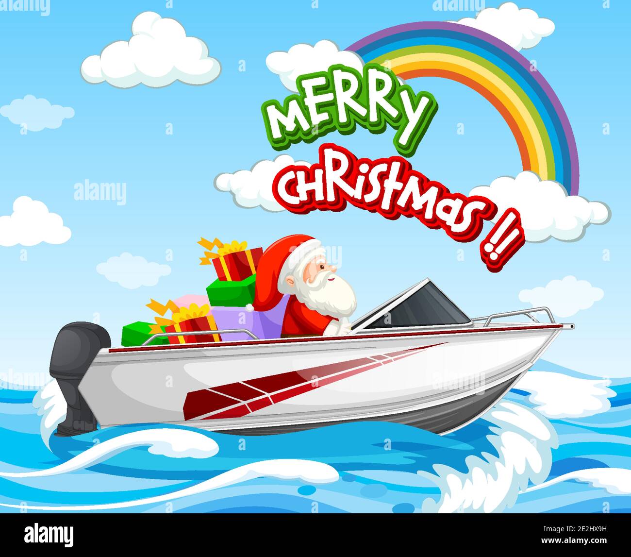 Santa Claus driving speed boat in the sea scene with Merry Christmas ...