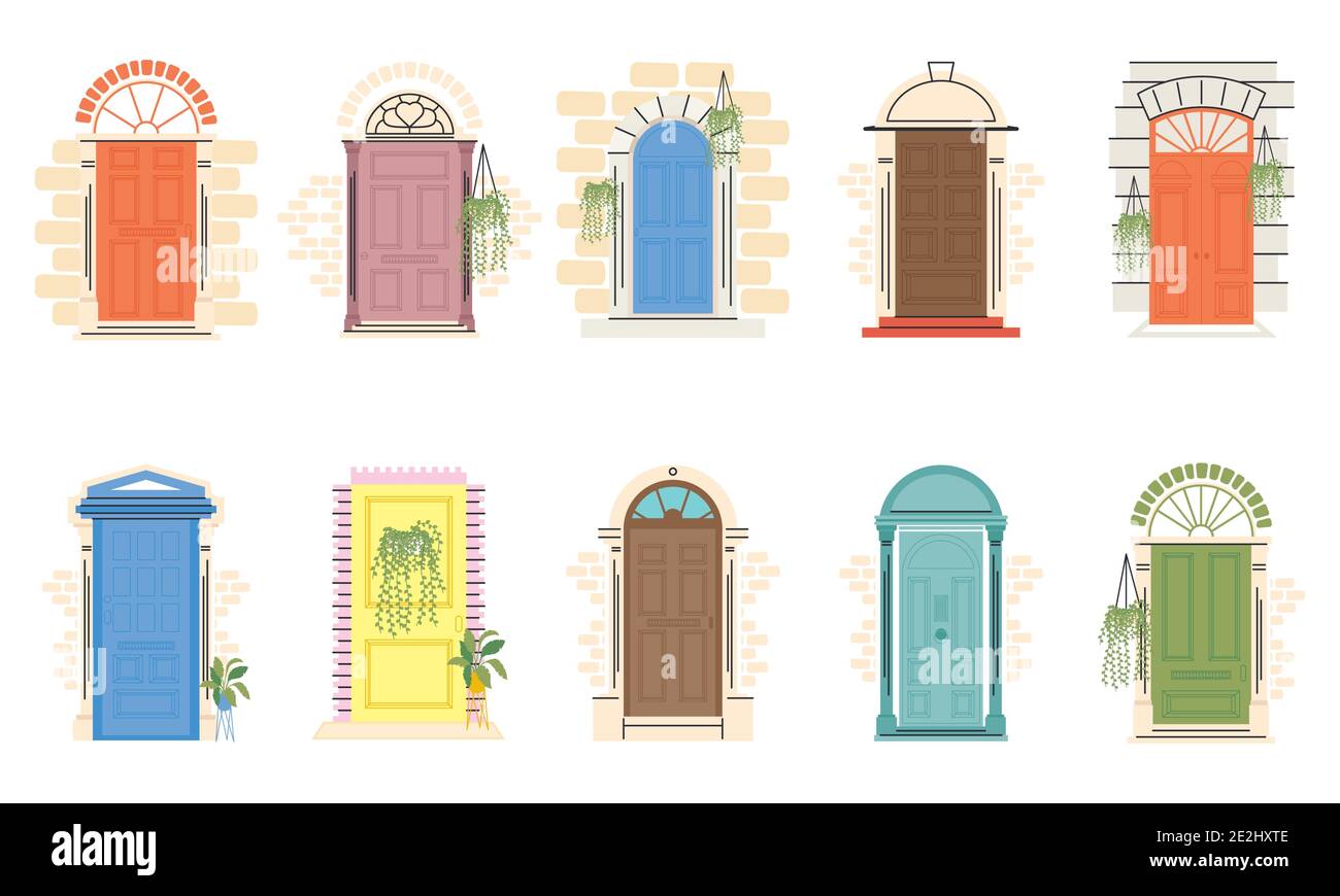 front doors with plants symbol collection design, House home entrance ...