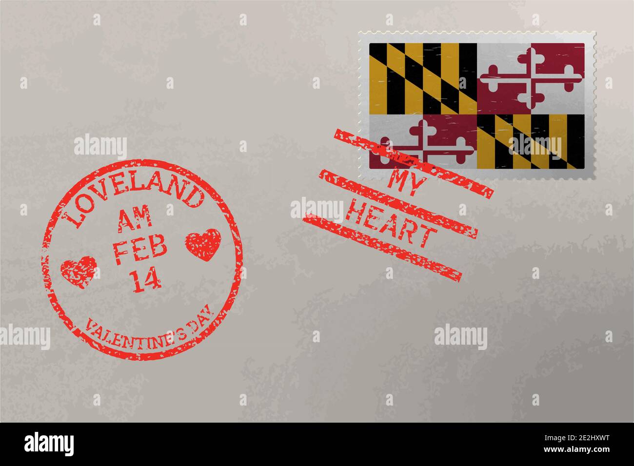Postage stamp envelope with Maryland US flag and Valentine s Day stamps ...