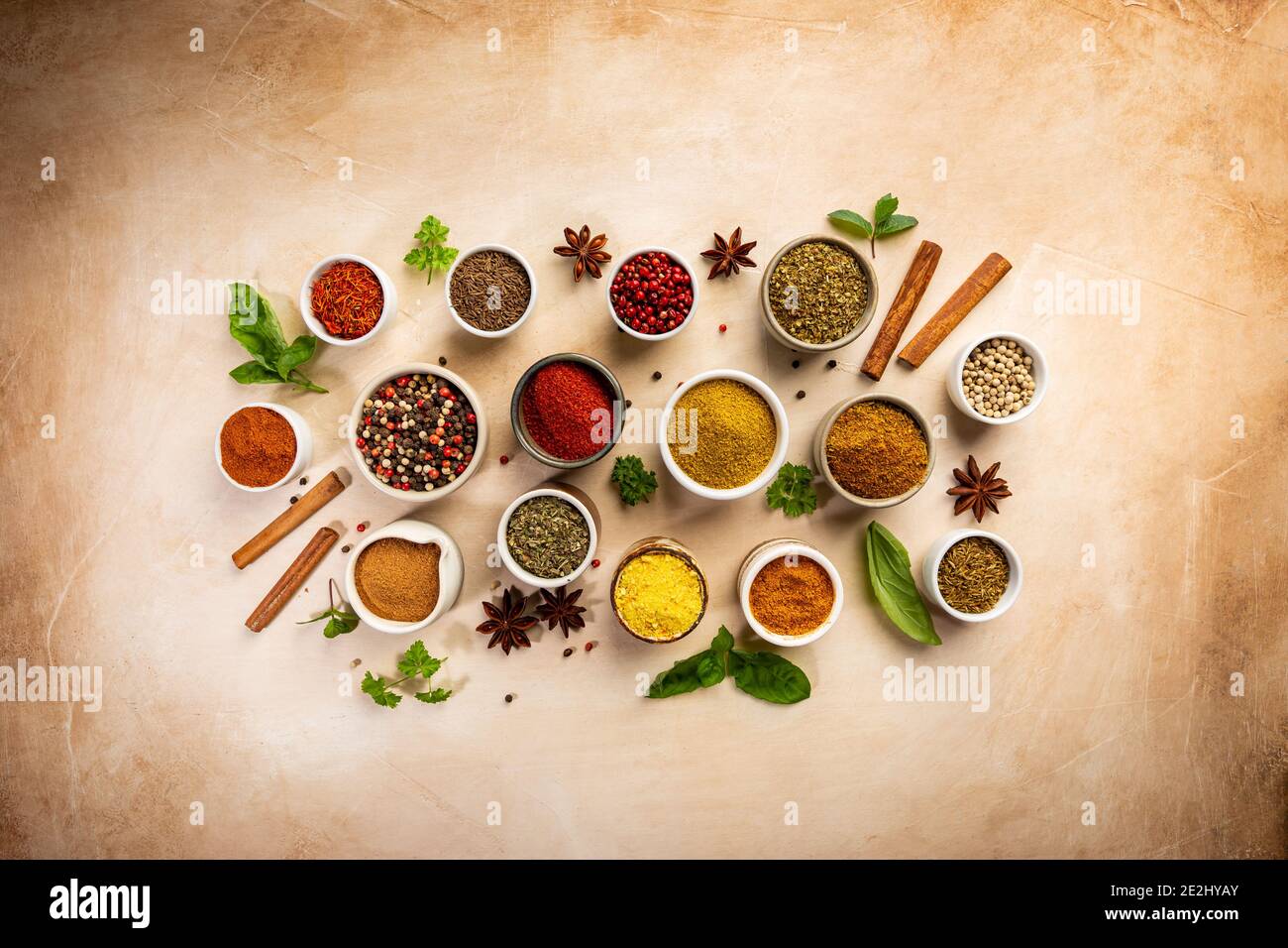Herbs spices top view over stone table with copy space hi-res stock photography and images - Alamy