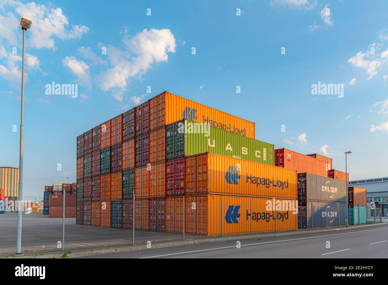 HELSINGBORG, SWEDEN - JUNE 27, 2020: A wall of cargo freight containers ...
