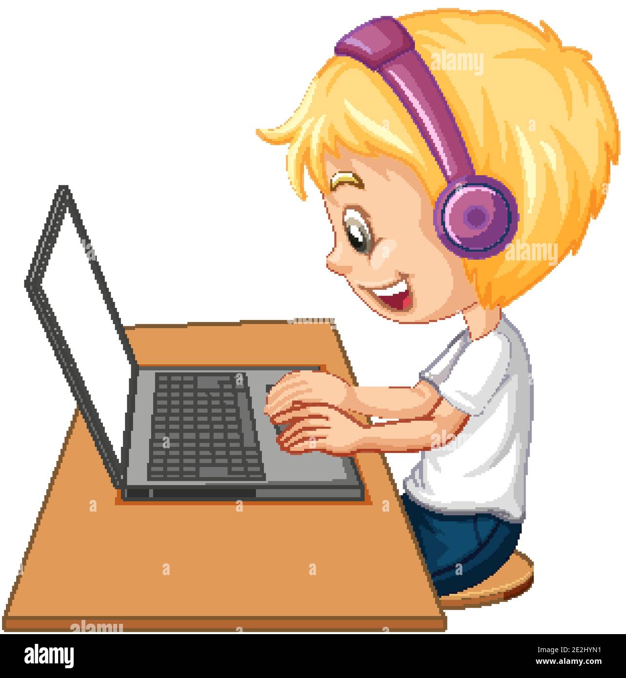 Side view of a boy with laptop on the table on white background ...