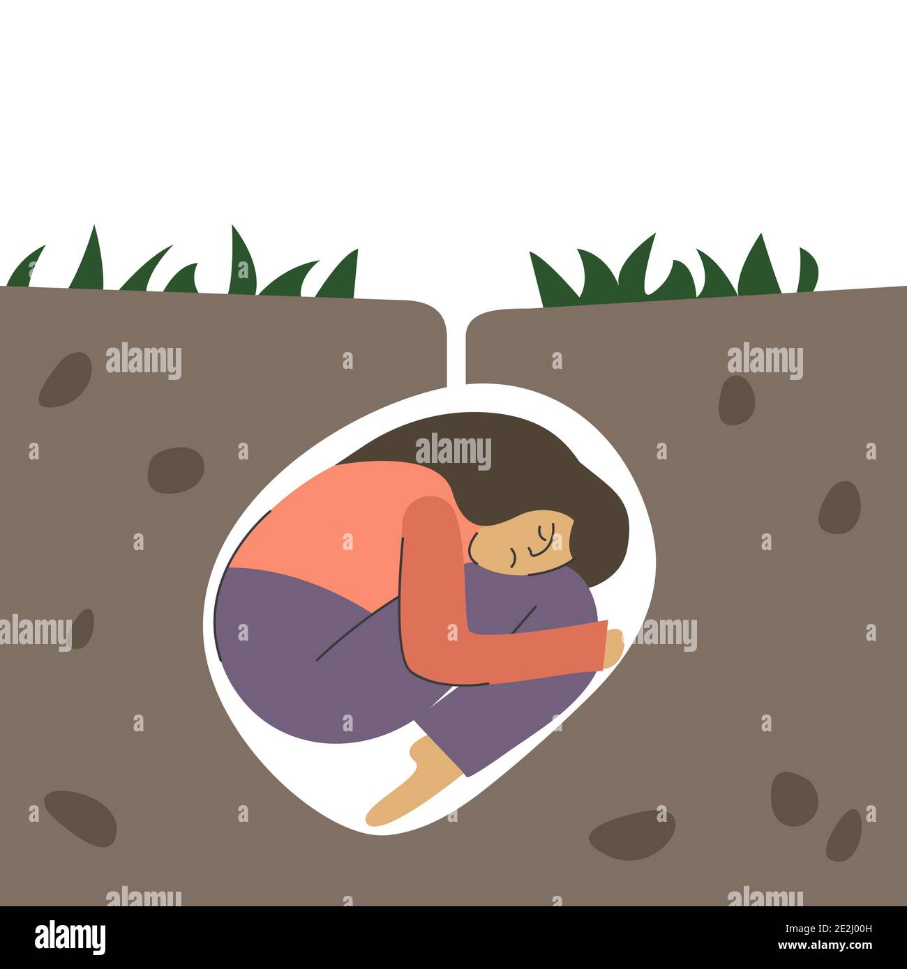 Depression, woman lying under ground. Loneliness, sadness, disease ...