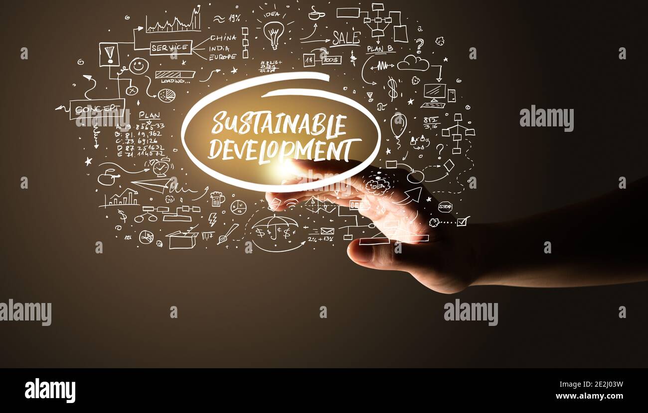 Hand touching SUSTAINABLE DEVELOPMENT inscription, hand drawn icons ...