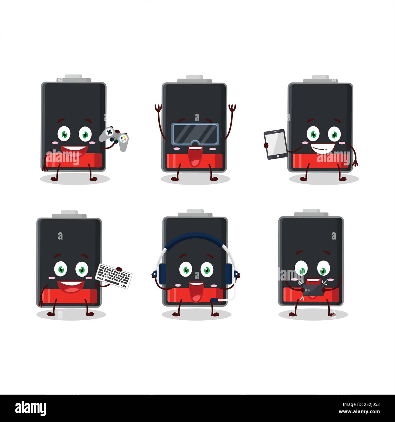 Low battery cartoon character are playing games with various cute ...
