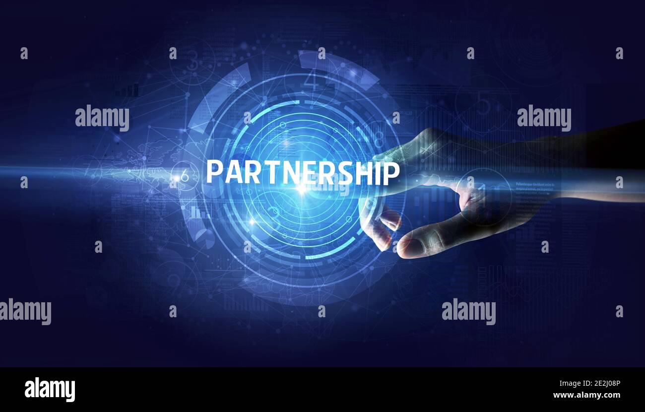 Hand touching PARTNERSHIP button, modern business technology concept ...