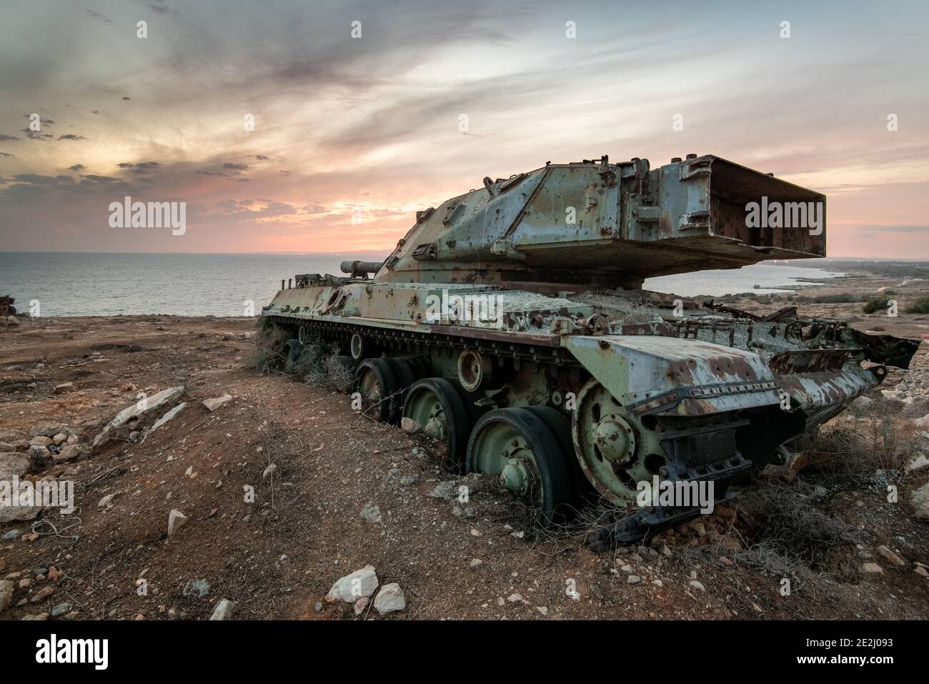 Abandoned military army tank vehicle at sunse. Scrap metal ...