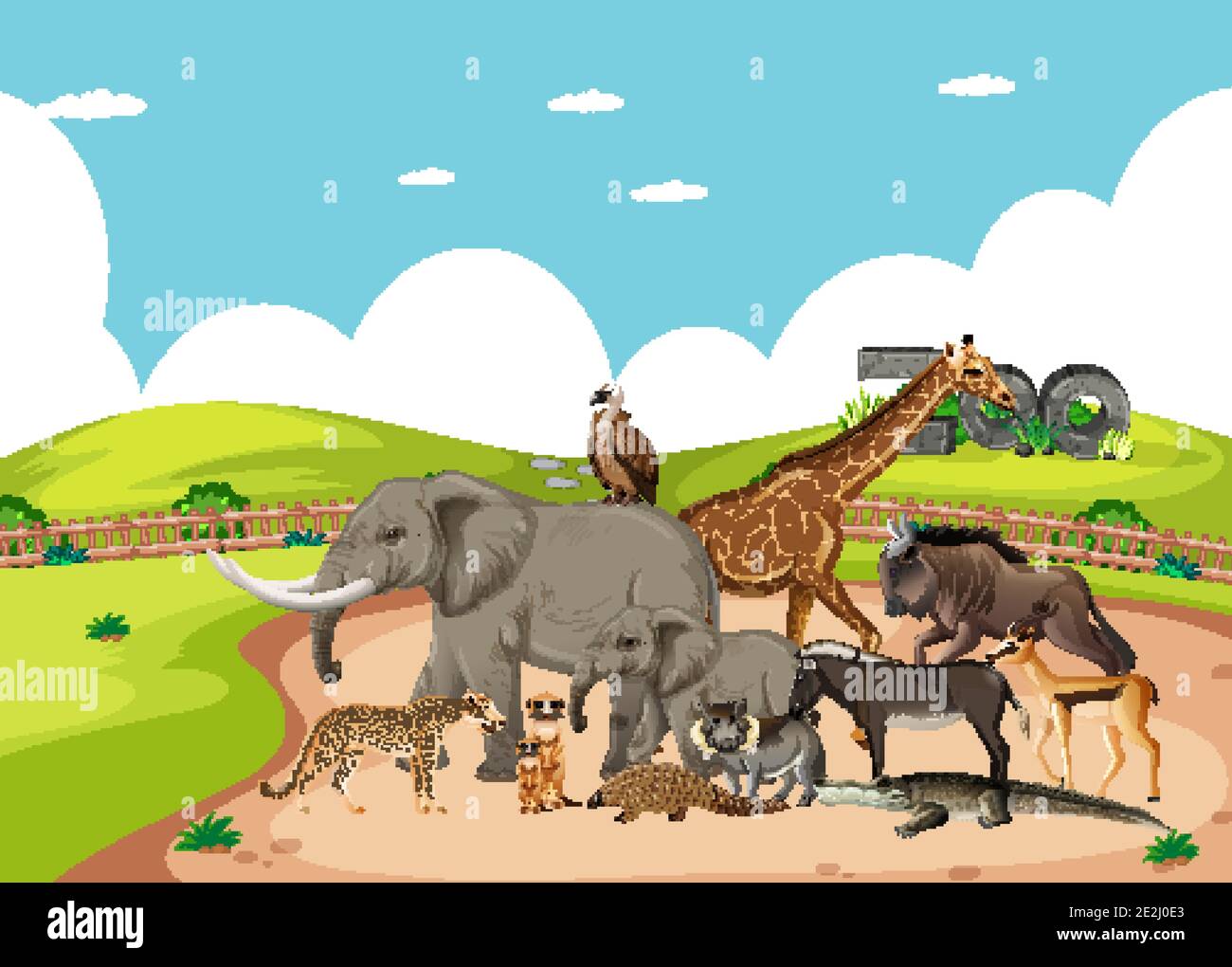 Group of wild african animal in the zoo scene illustration Stock Vector ...