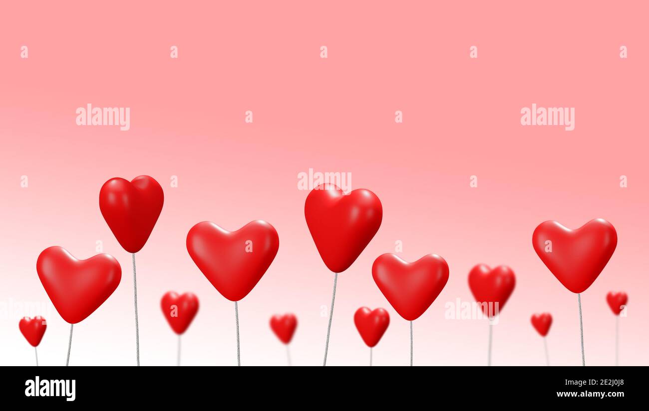 Red heart balloons with pastel red background, 3D rendering Stock Photo ...
