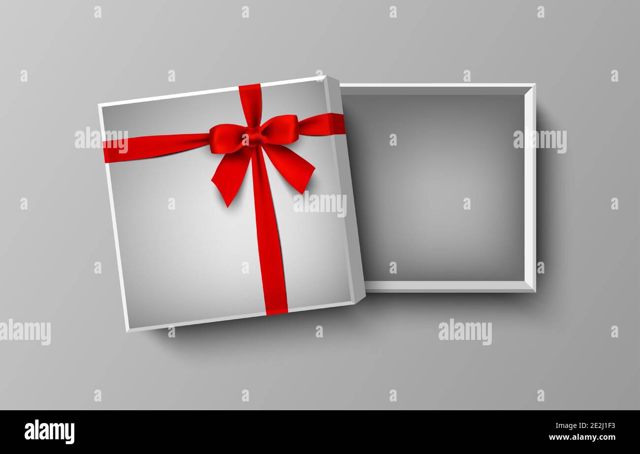Opened white empty gift box with red bow and ribbon, vector ...