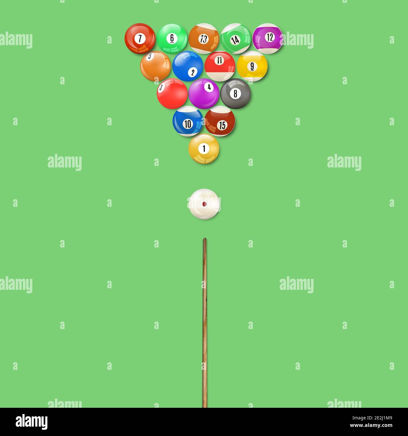 Set of 3D glossy snooker balls with triangle and cue, vector ...