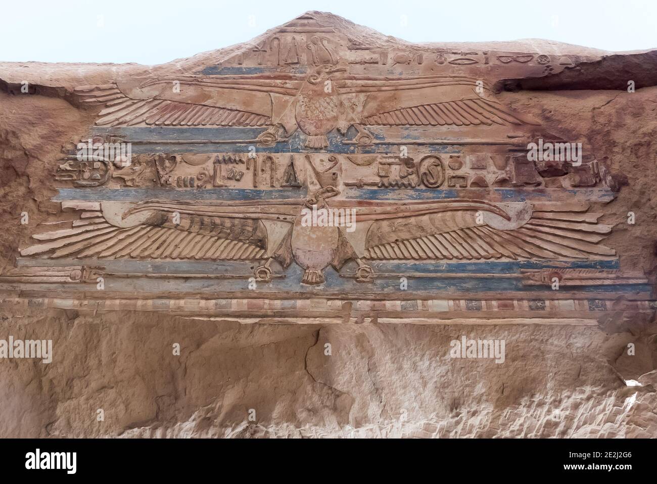 Kom Ombo in Egypt: a coloured bird underneath a lintel in the Sobek ...