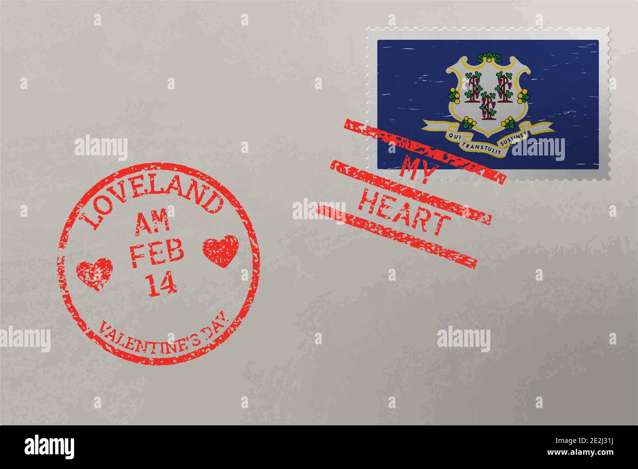 Postage stamp envelope with Connecticut US flag and Valentine s Day ...
