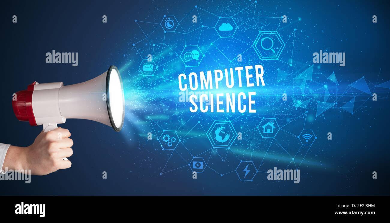 Young woman shouting in megaphone with COMPUTER SCIENCE inscription ...