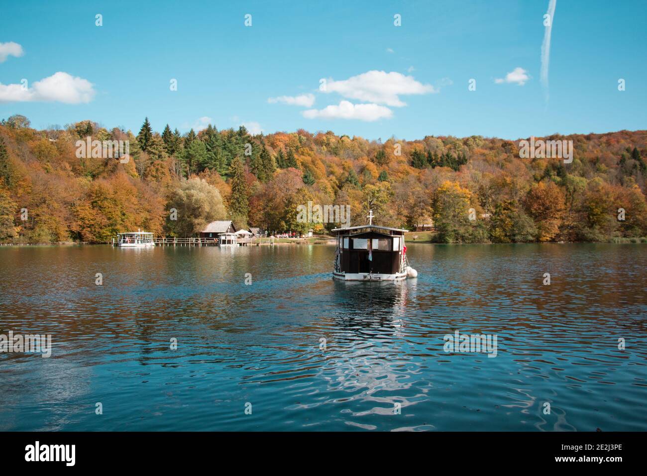 Beautiful view of a boat on the water surrounding the forest with ...