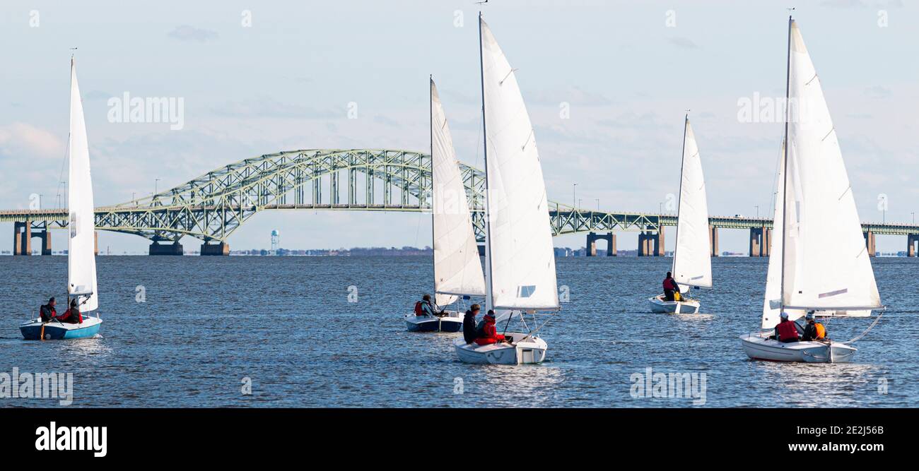 Five two person sailboats in a winter regatta with the Great South Bay ...