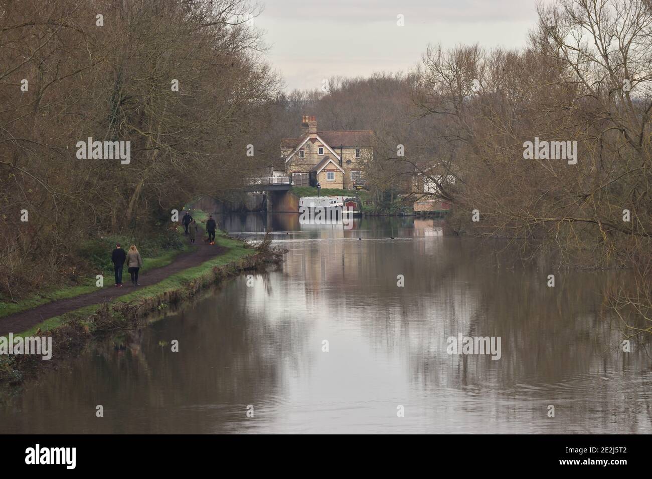Cloudy winter day on the river Lee navigation canal. Hertfordshire ...
