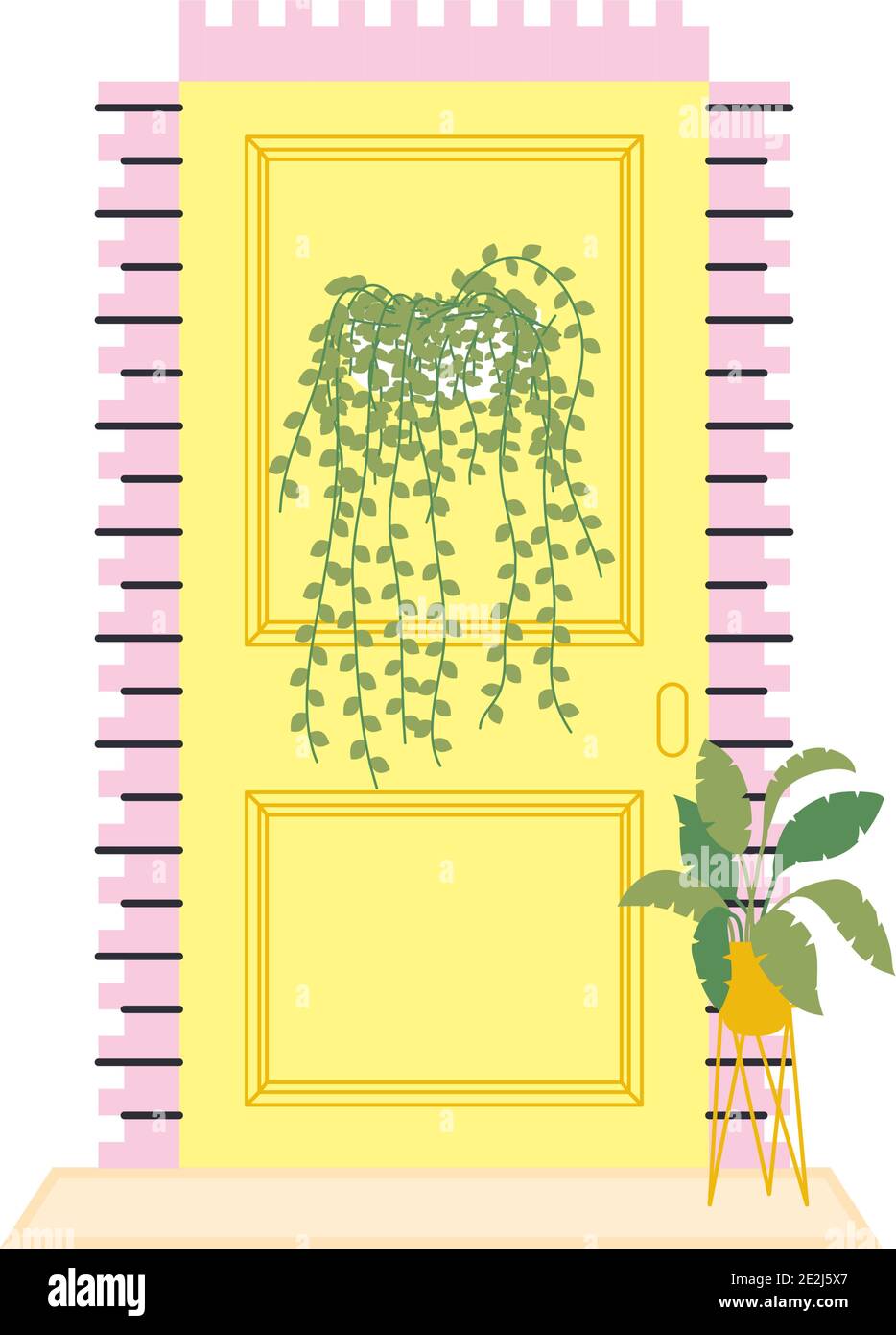 yellow front door with plants design, House home entrance decoration ...