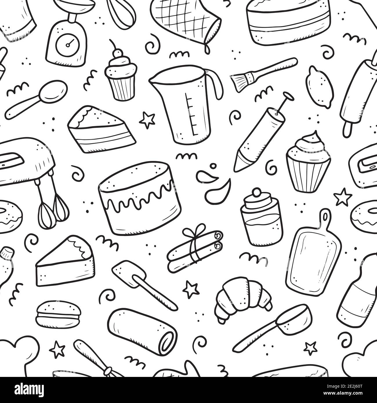Hand drawn seamless pattern of baking and cooking tools, mixer, cake ...