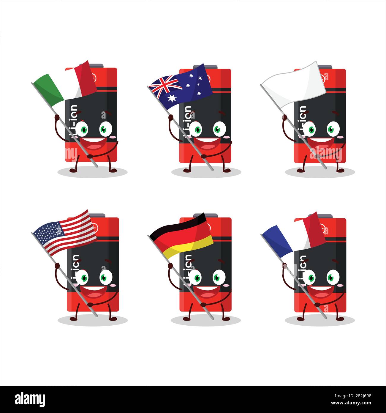 Li ion battery cartoon character bring the flags of various countries ...