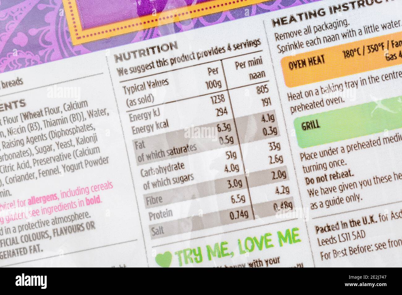 Close-up shot of food Nutrition facts box on plastic wrapper of ASDA ...