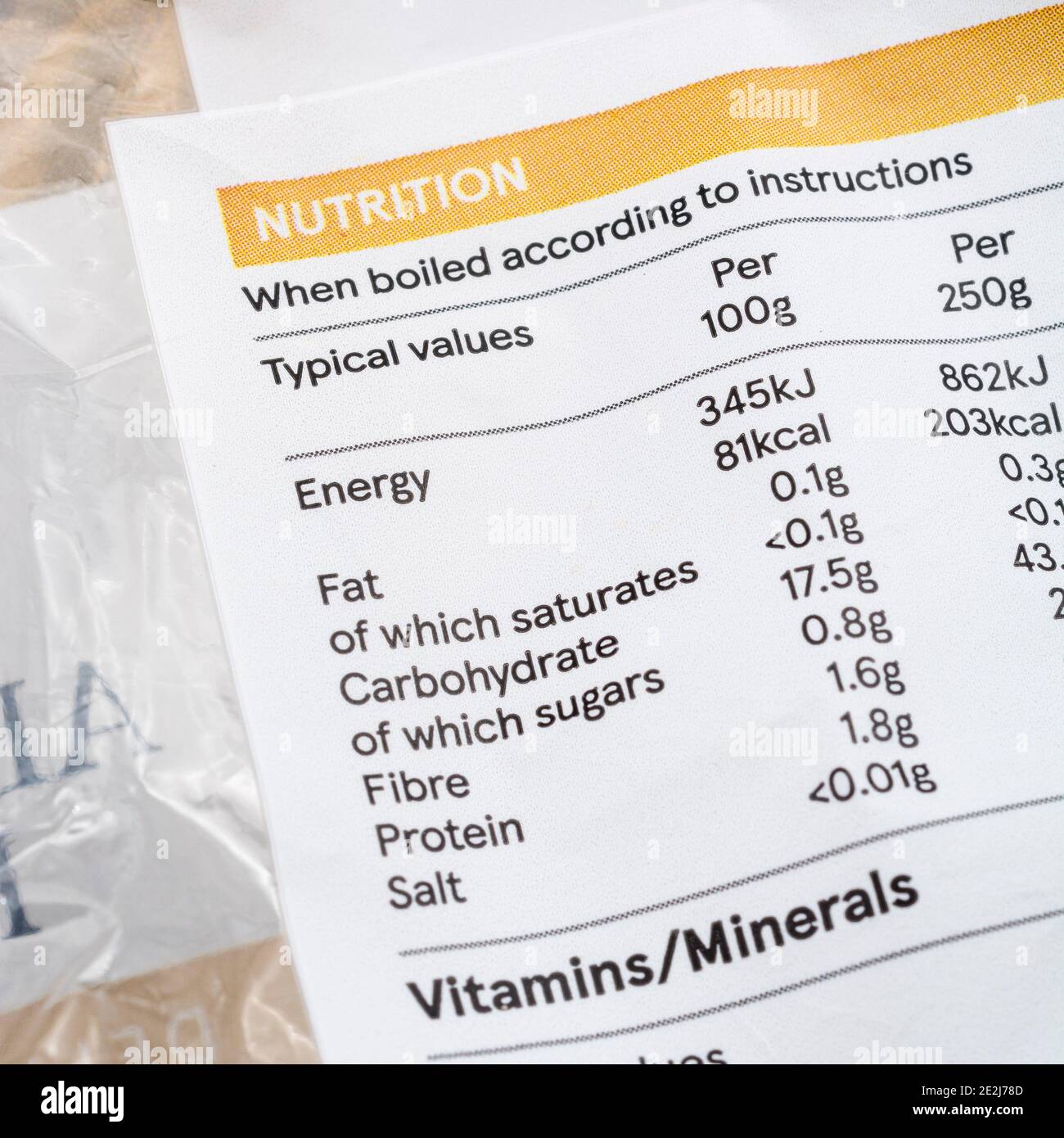 Close-up shot of food Nutrition facts box on plastic wrapper of Tesco ...