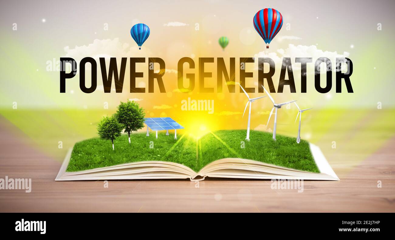 Open book with POWER GENERATOR inscription, renewable energy concept ...