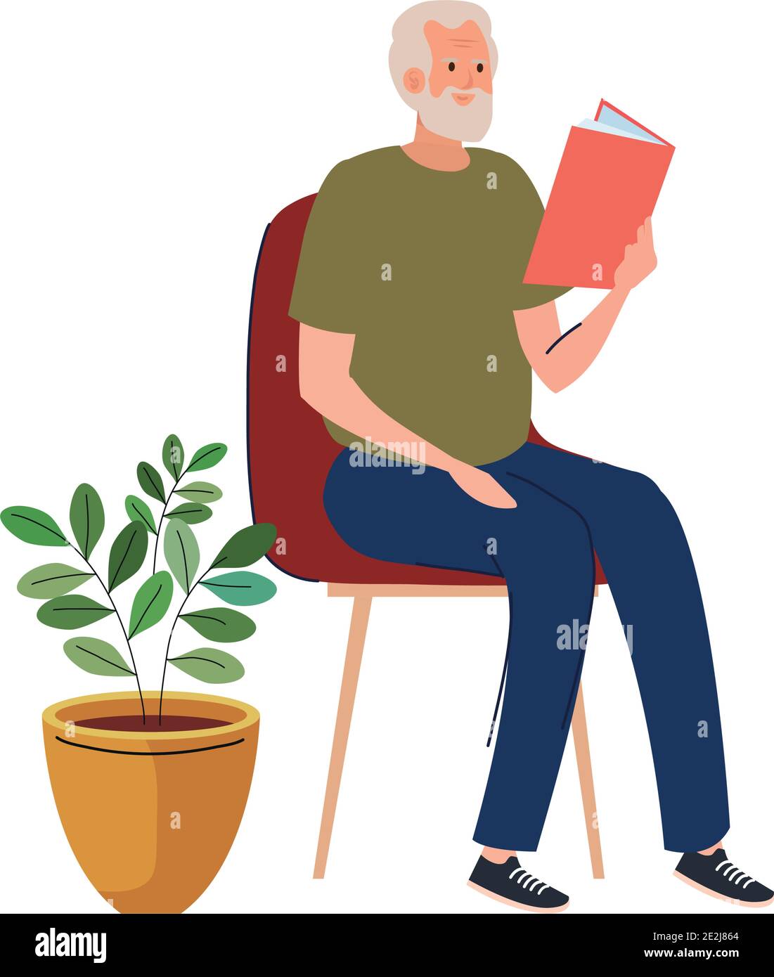 Elderly Old Man Reading Book Seated In Chair Character Stock Vector
