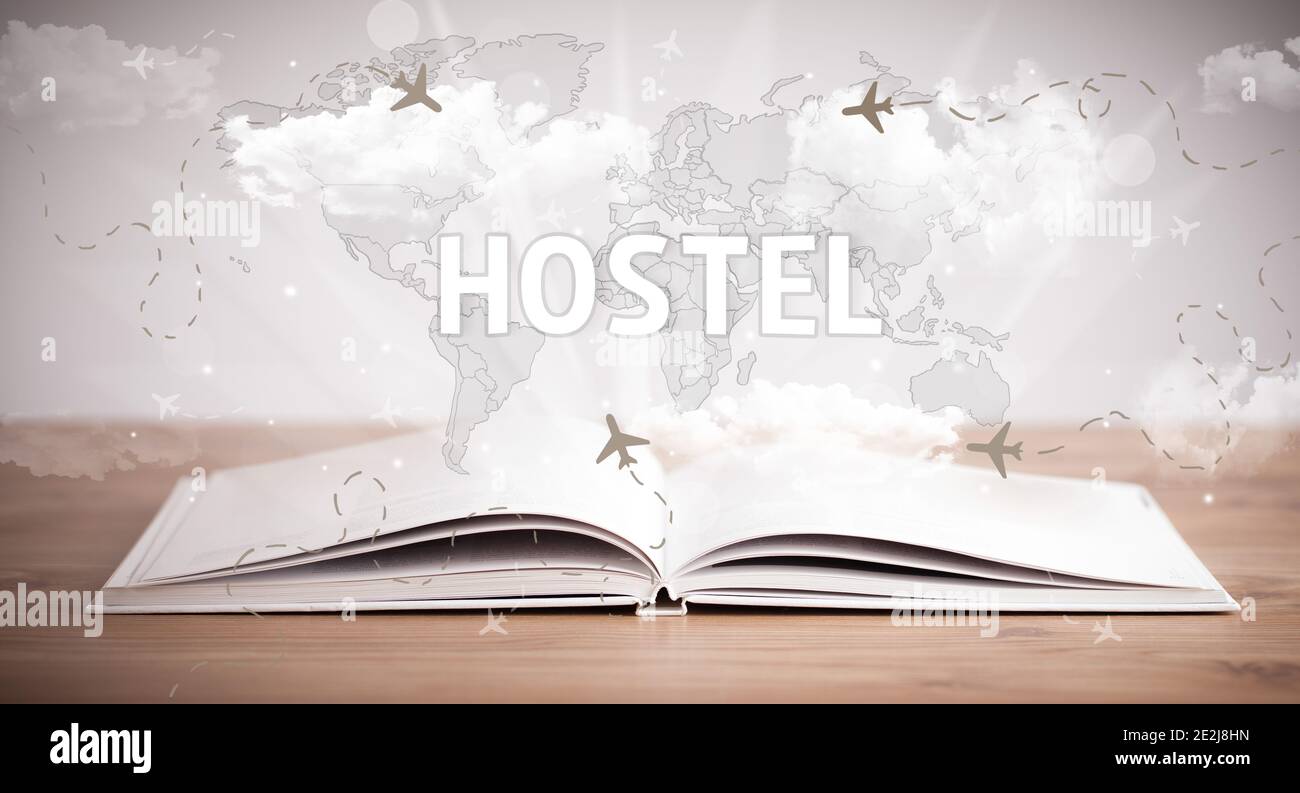 Open book with HOSTEL inscription, vacation concept Stock Photo - Alamy