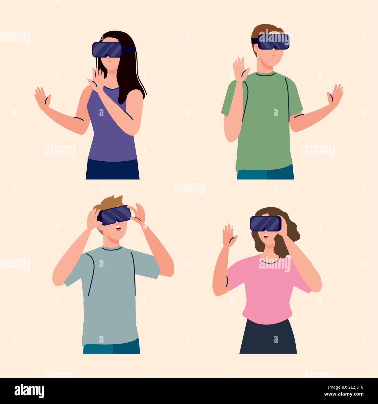 group of four young people using reality virtual masks technology Stock ...