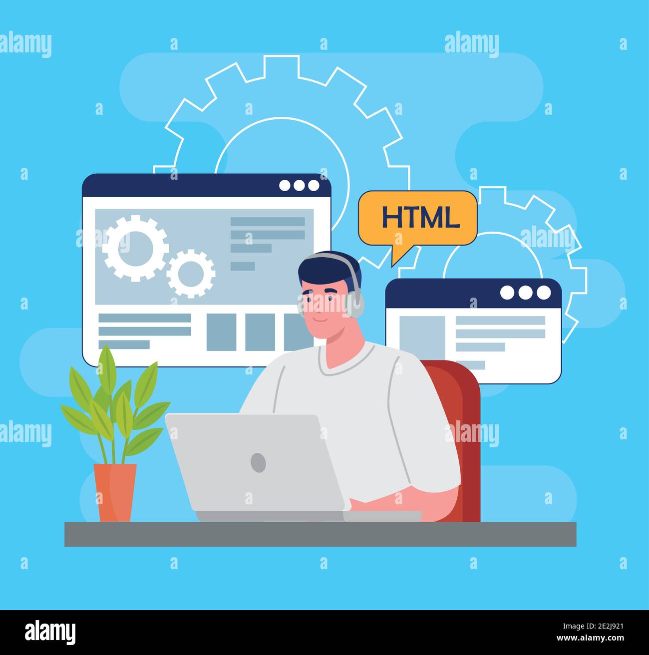 Software Developer Programming In Laptop With Code Symbols Stock Vector