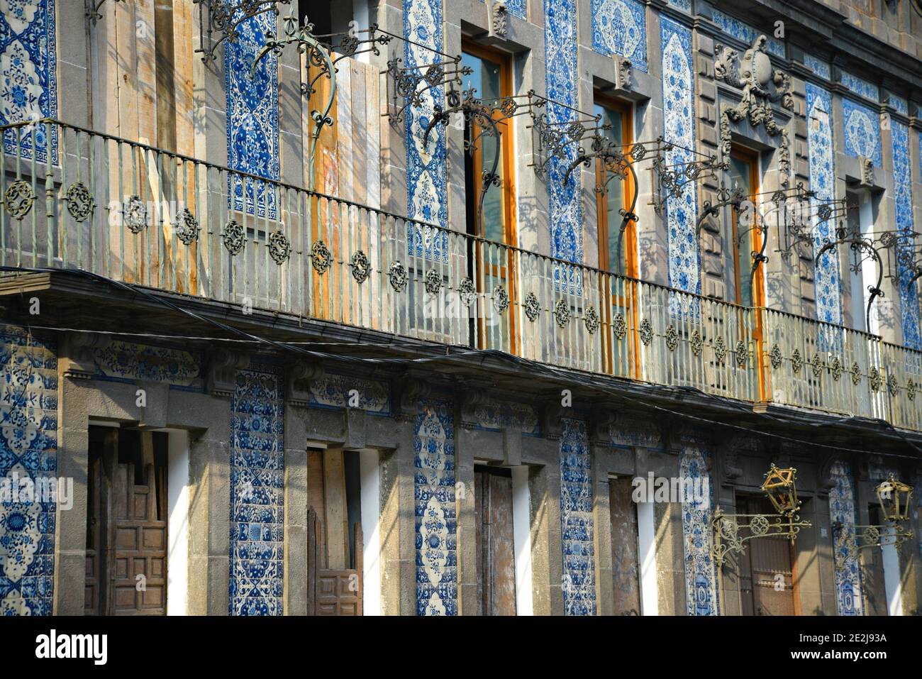 Exterior view of Colonial buildings with Talavera tile decorations and ...