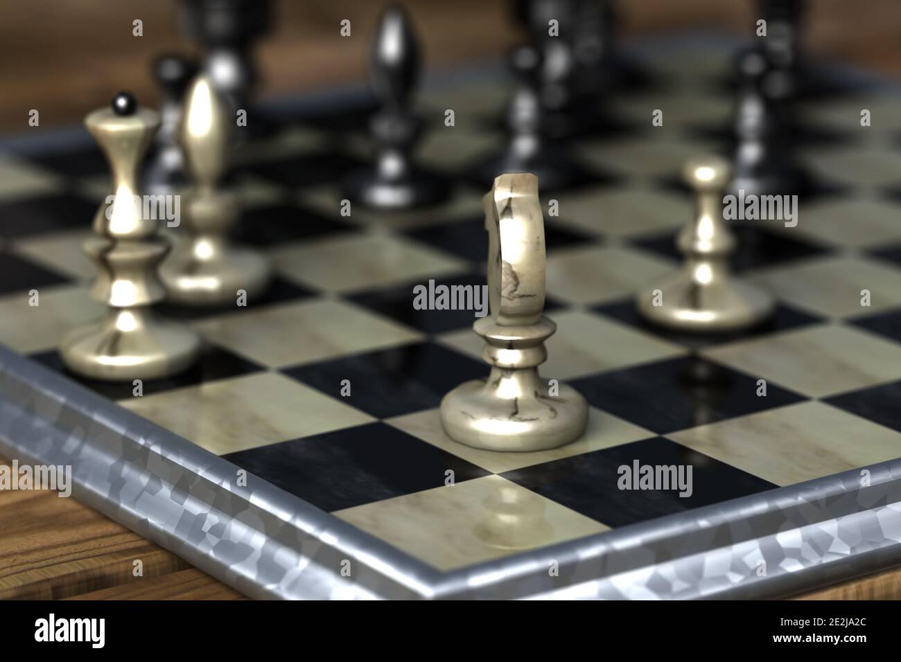 metallic Horse piece in blur chess board 3d render selective focus ...
