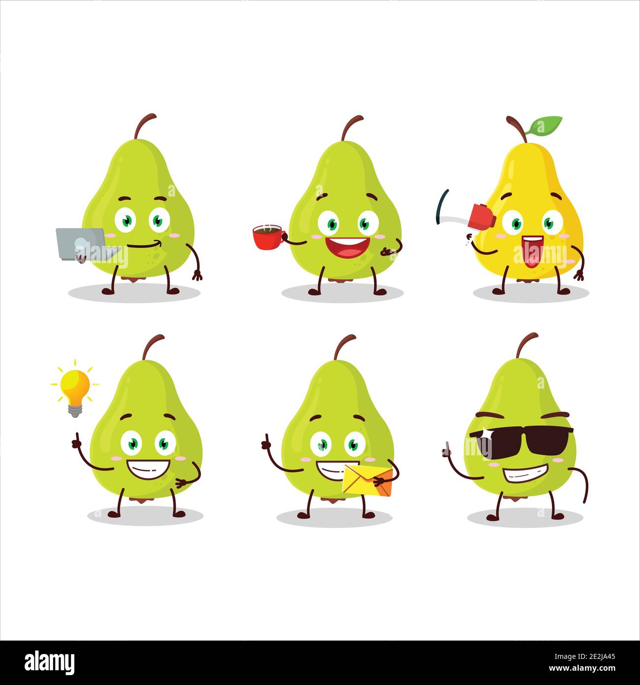 Green pear cartoon character with various types of business emoticons ...