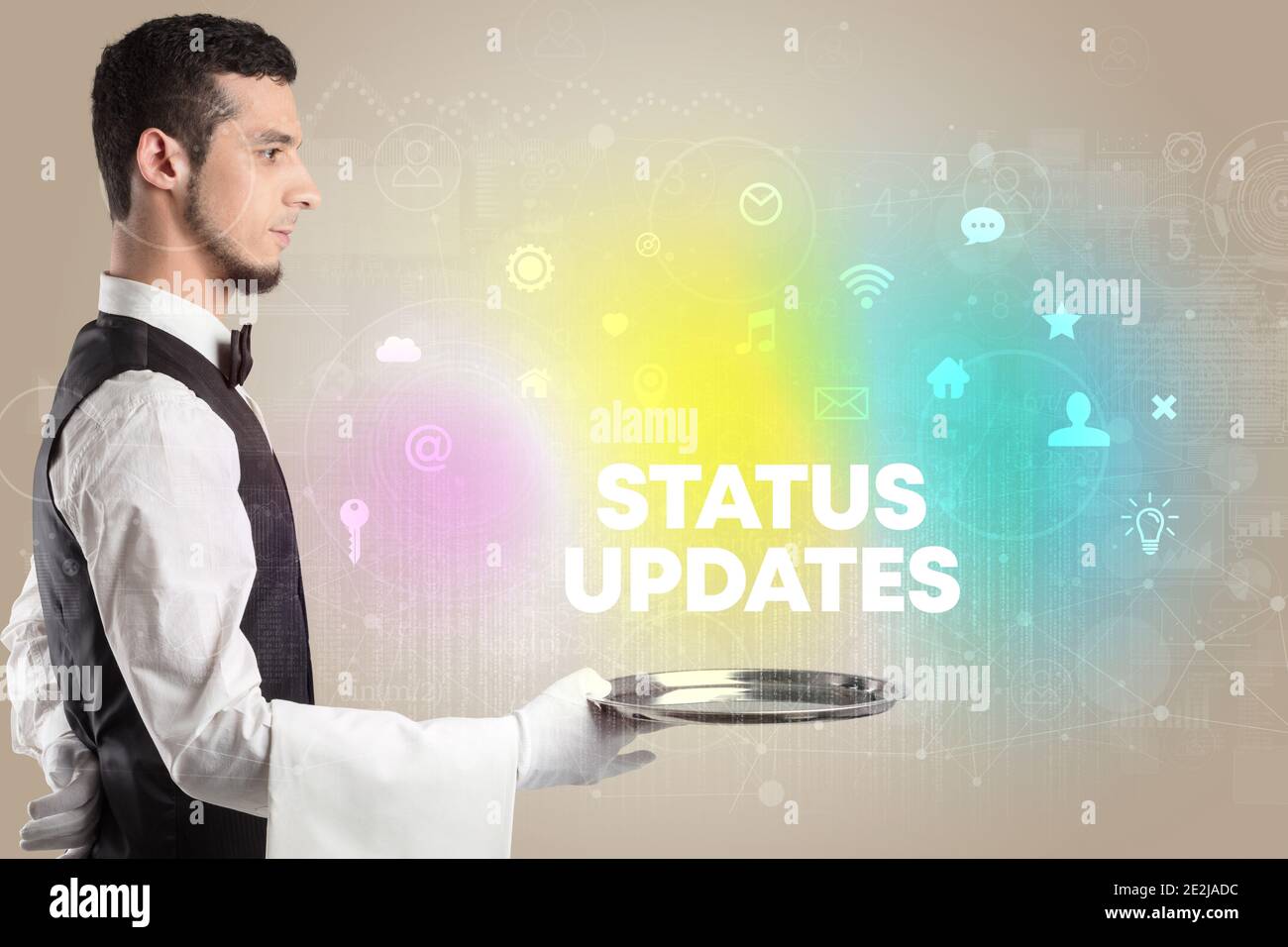 Waiter serving social networking with STATUS UPDATES inscription, new ...
