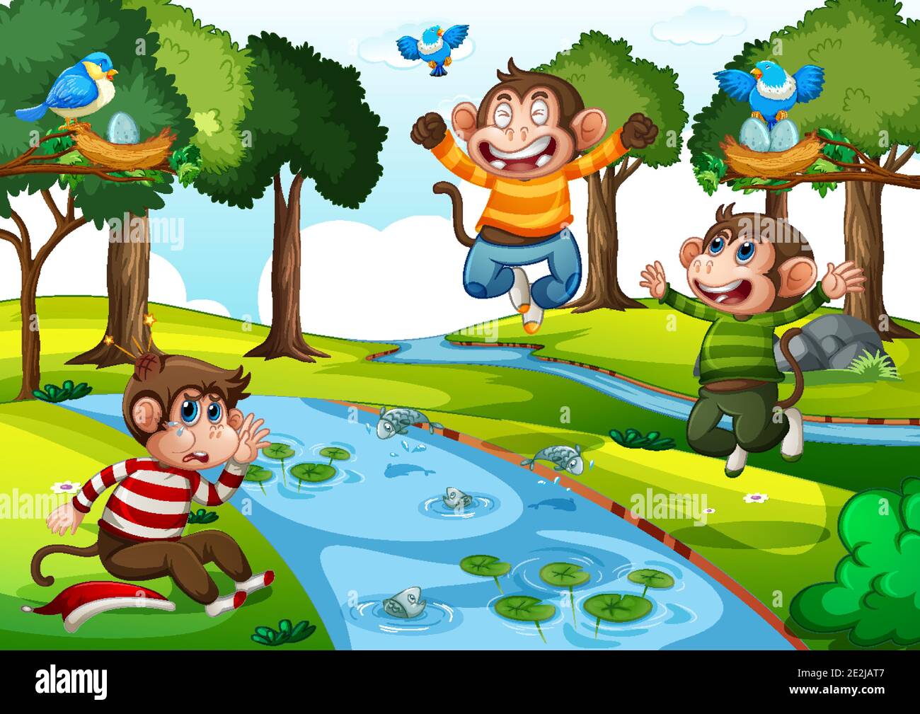 Three little monkeys jumping in the park scene illustration Stock ...