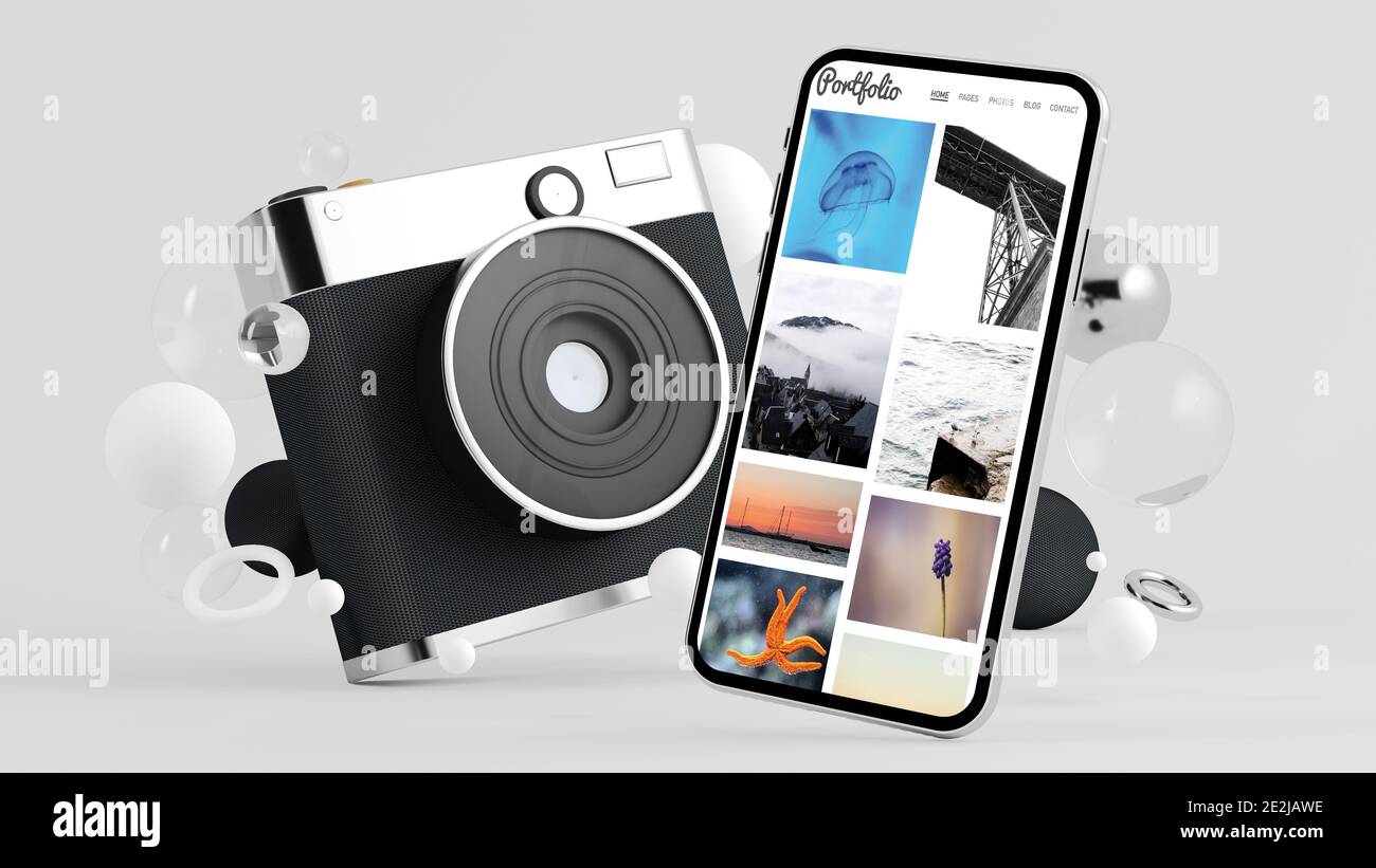 Social media camera and smartphone showing portfolio 3d rendering Stock ...