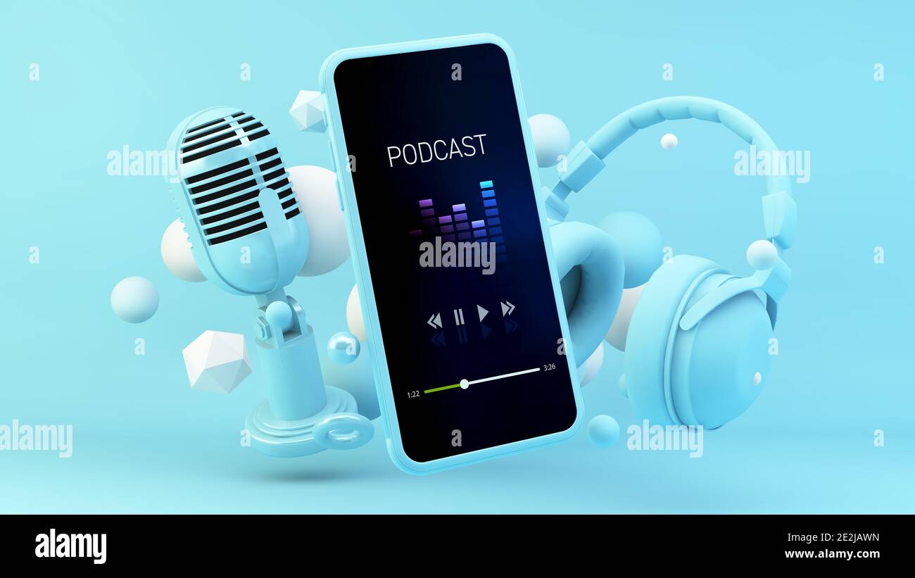 Smartphone podcast app with blue headphones and microphone 3d rendering ...
