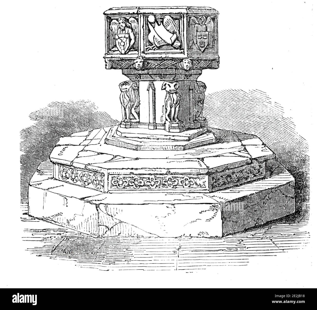 Font in Caistor Church, Norfolk, 1845. Medieval stone font in the ...