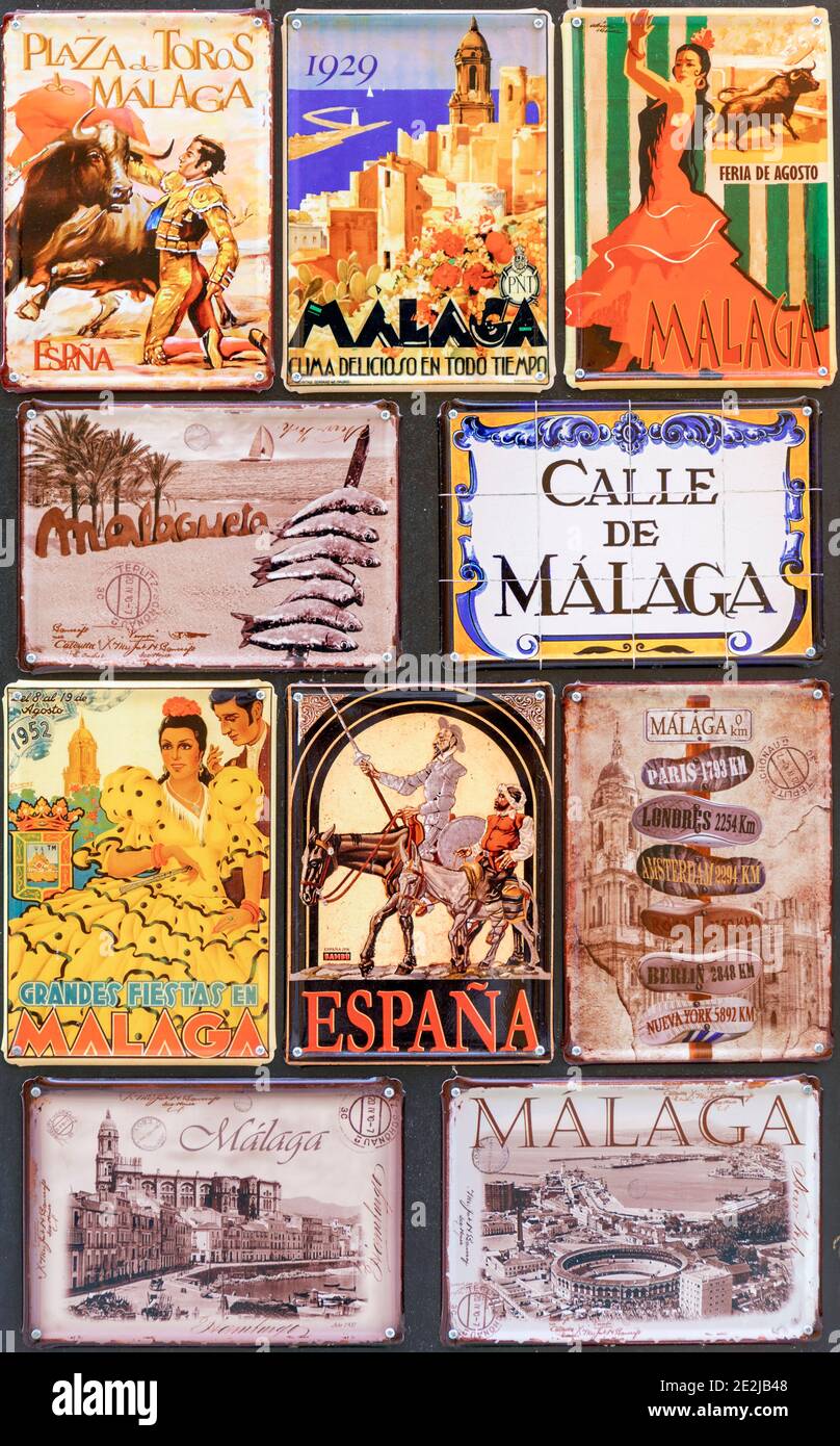 Tourist souvenirs. Colourful plaques with Spanish motives, promoting ...