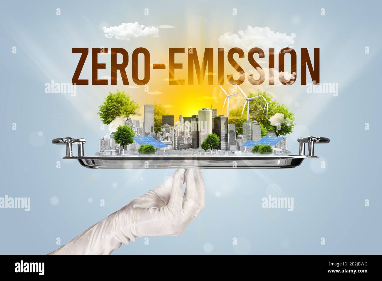 Waiter serving eco city with ZERO-EMISSION inscription, renewabke ...